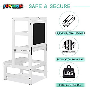 JOYMOR Kids Kitchen Standing Tower with Safety Rail, Chalkboard, Children Learning Step Tower for Kitchen Counter, Mothers' Helper (White)