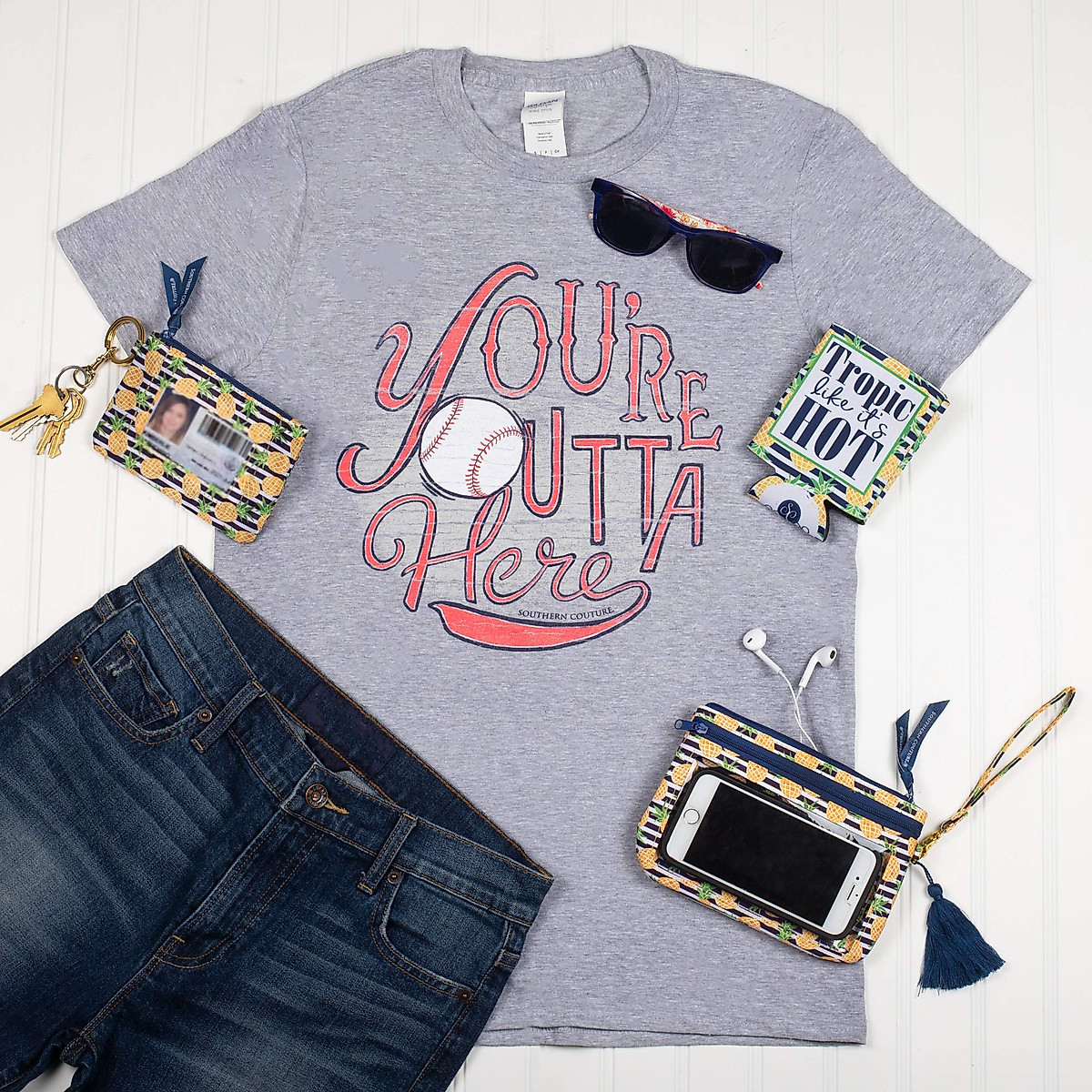 Southern Couture Pineapples Stripe Yellow and Navy Blue 7 x 5 Polyester Phone Wristlet Handbag