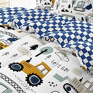 Leaflin 4-Pcs Construction Twin Size Boys Bedding Set, Kids Comforter Set for Teens w/Sheets and Pillowcase, Soft Cartoon Tractor Cars Bed in a Bag Sets