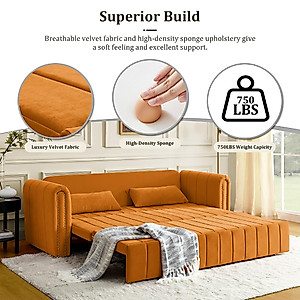 DEINPPA Sleeper Sofa Bed with Storage, Pull Out Sofa Bed with Nailhead Tirm Embellishment, Convertible Futon Bed for Living Room Bedroom Guestroom Lounge, Velvet Fabric-Orange