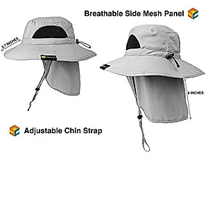 SUN CUBE Fishing Hat Sun Hat for Men, Women, Hiking Sun Hat with Neck Flap, Wide Brim, Chin Strap, Safari Summer Bucket Boonie Hat, UPF 50+ Outdoor Protection, Packable Breathable Mesh (Light Gray)