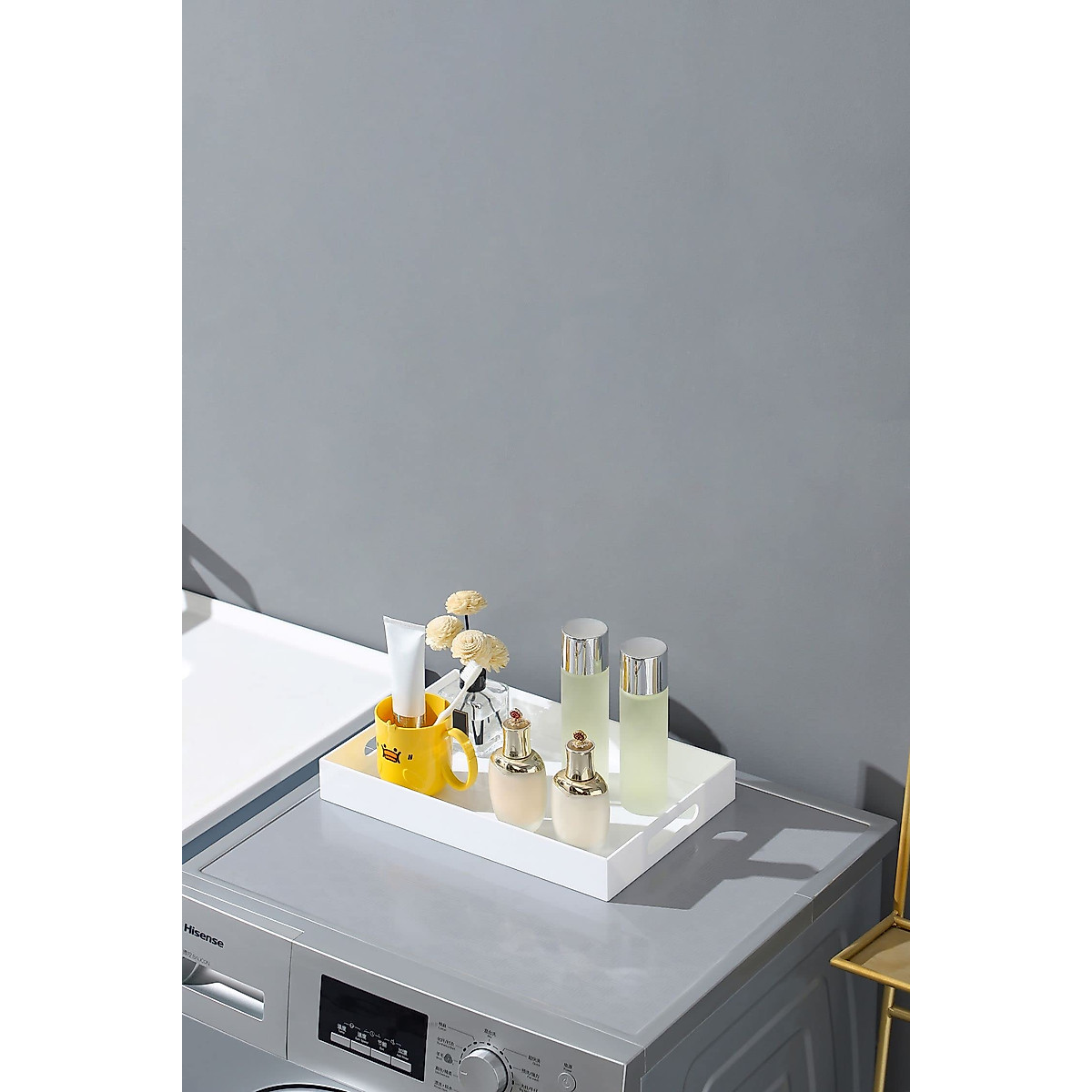 BEYLANG Glossy White Sturdy Acrylic Serving Tray with Handles-10x15Inch-Serving Coffee,Appetizer,Breakfast,Butler-Kitchen Countertop Tray-Makeup Drawer Organizer-Vanity Table,Ottoman Tray-Decorative