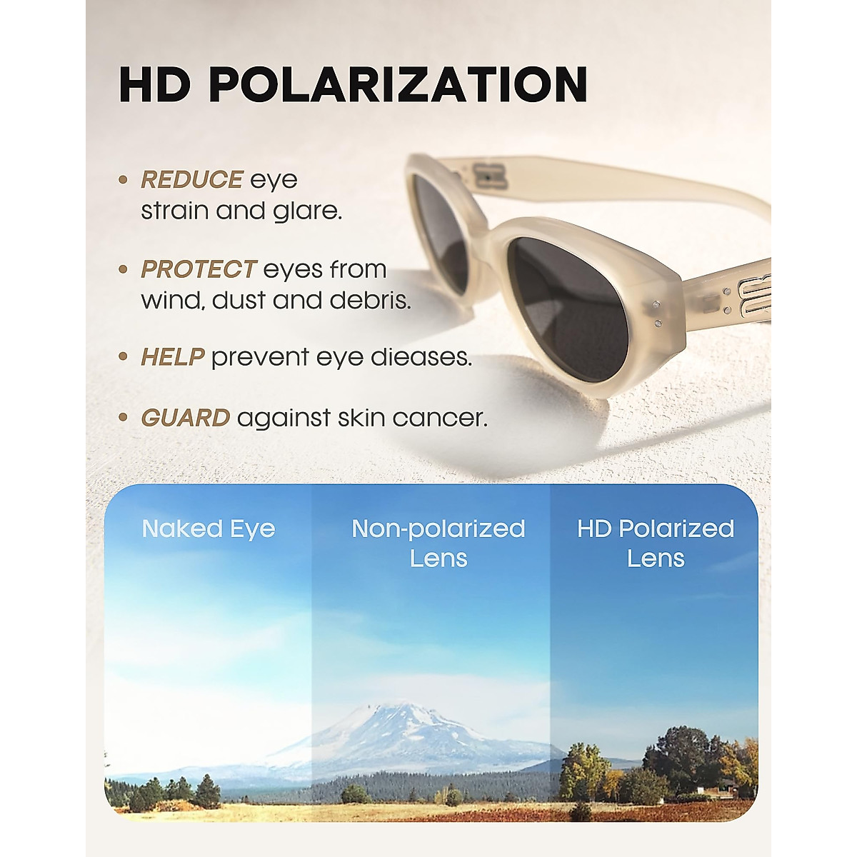 FURTALK Oval Cat Eye Sunglasses, Vintage 90s Style Frame, Polarized Lens, UV Protection (Ivory)