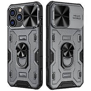 VEGO iPhone 14 Pro Max Case with Slide Camera Cover, Built-in 360 Rotate Ring Kickstand, Magnetic Protective Cover, Grey