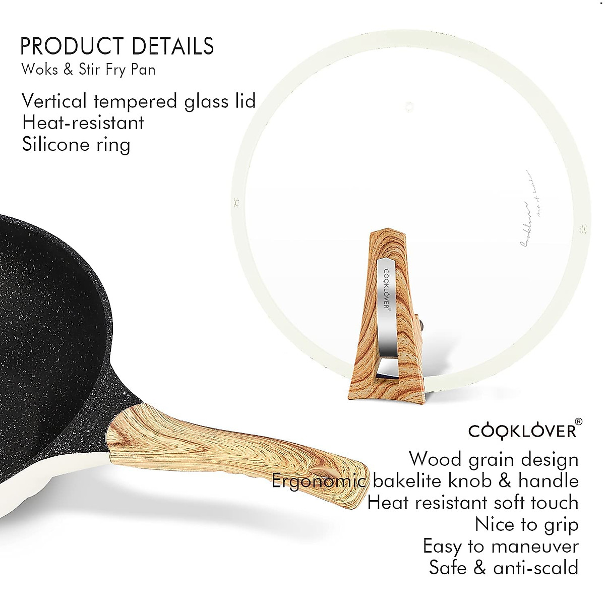 COOKLOVER Nonstick Induction Wok-12.6inch& 9.5 inch Nonstick Stir Fry Pan with Lid – White