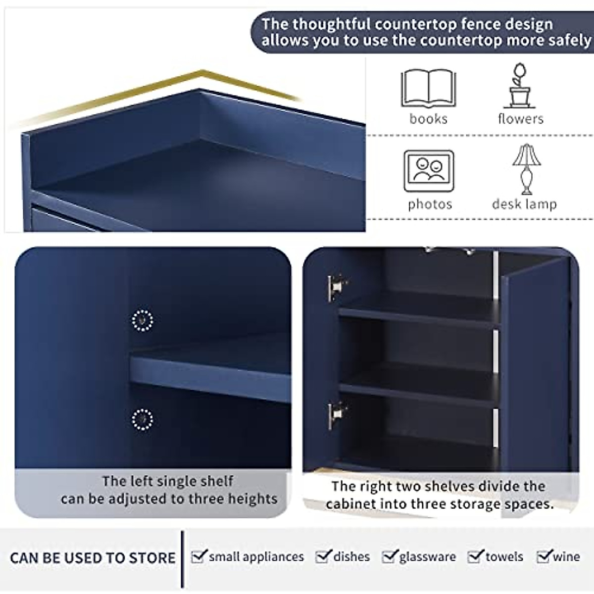 47" Buffet Sideboard Cabinets with Gold Metal Base, 4 Unobtrusive Doorknob, Elegant Freestanding Storage Cabinet, Large Storage Space Kitchen Console Table for Dining Living Room, Entryway, Navy Blue