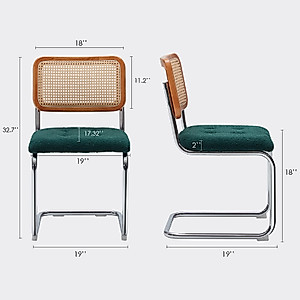 Farini Kitchen Dining Chairs Set of 2,Mid-Century Modern Chair Armless Mesh Backrest Cane Rattan Chairs for Home Dining Room(Dark Green,Teddy Velvet)