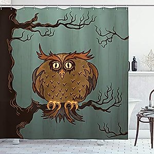 Ambesonne Owl Shower Curtain, Exhausted Hangover Tired Owl in Oak Tree with Eyebrows Nature Cartoon Funny Artwork, Cloth Fabric Bathroom Decor Set with Hooks, 69" W x 70" L, Blue Brown