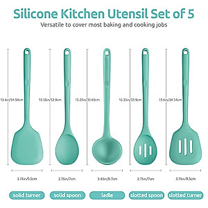 High Heat Resistant Kitchen Utensil: U-Taste 13.6" Silicone Cooking Tools Gadgets Set, Food Grade Non Stick Solid and Slotted Turner Spatula, Mixing Spoon, and Soup Ladle (5 Pieces, Aqua Sky)
