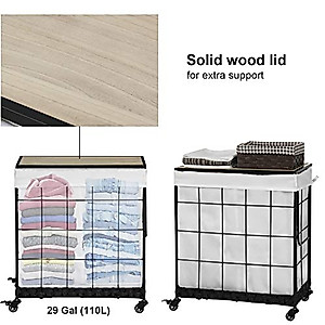 Laundry Hamper with Wood Lid and Divided Liner Bag; Durable Laundry Basket with Heavy Duty Rolling Lockable Wheels; Clothes Hamper with Removable Liner Bag; Laundry Sorter with Metal Handle (White)