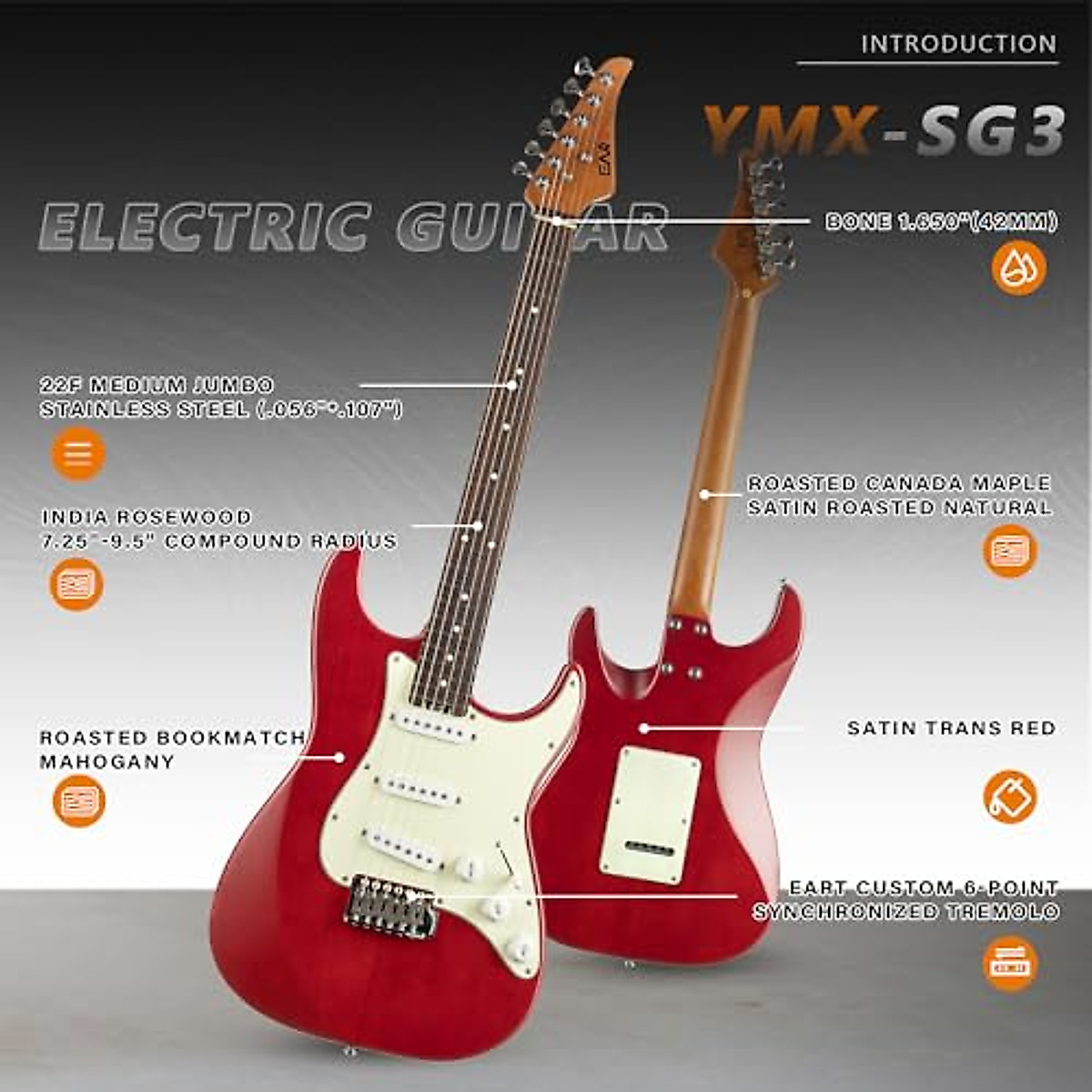 EART Electric Guitar SSS Single Coil Pickups,Solid-Body,Stainless Steel Frets Right Handed-Rosewood Fingerboard-Red