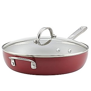 Ayesha Curry Home Collection Porcelain Enamel Nonstick Covered Deep Skillet With Helper Handle, 12 Inch Frying Pan with Glass Lid, Sienna Red
