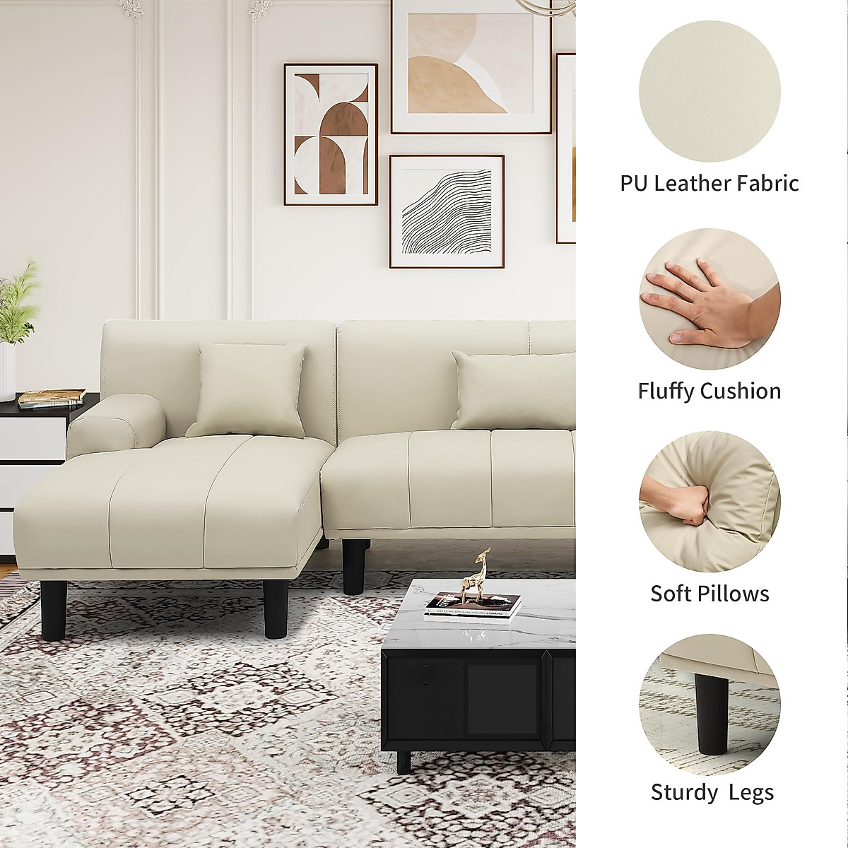 YITAHOMA Sectional Couches for Living Room, U Shaped Sofa Faux Leather Modern Modular Couch with USB & Type C Charging Ports Double Chaise and Comfy Upholstered, Beige