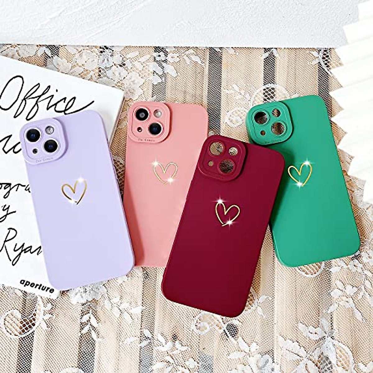 SmoBea iPhone 14 Case (Not for 14 Pro) - Luxury Gold Heart, Soft Liquid Silicone, Shockproof, Slim Phone Cover, Purple