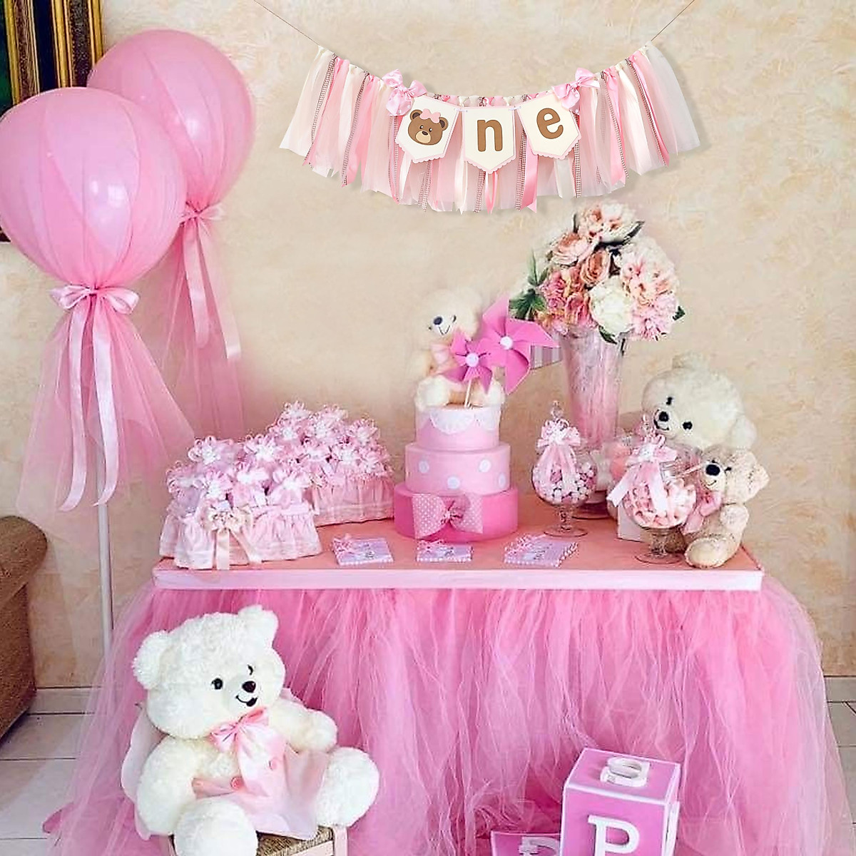 Bear Pink Ribbon One Highchair Banner - Girls 1st Birthday Party Decorations,Teddy Bear First Birthday High Chair Banner, One Woodland Camping Party Banner, Princess Bear 1st Birthday Photo Prop