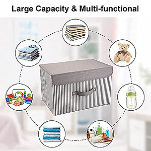mee'life Foldable Storage Boxes with Lids 2 Pack Linen Fabric Storage Bins with Lids, Closet Organizers and Storage Baskets Cubes for Home Bedroom Closet Office (Grey Stripes, 14.9x9.8x9.8in)