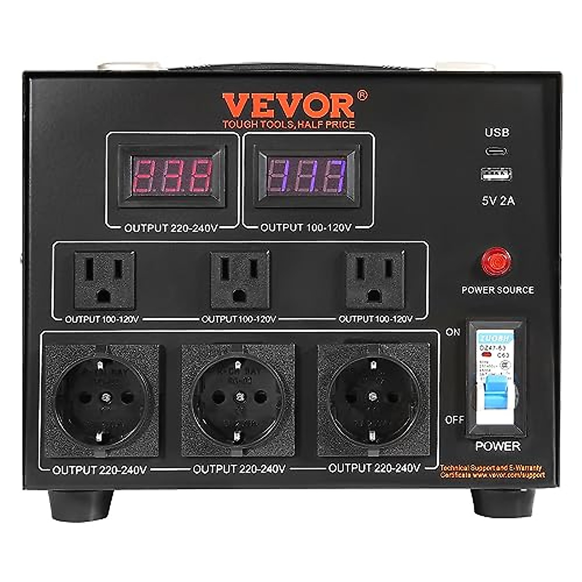 VEVOR Voltage Converter Transformer, 5000W, Heavy Duty Step Up/Down Transformer, Convert from 110 Volt to 220 Volt and from 220 Volt to 110 Volt, with US Outlet EU Outlet 5V USB Port, CE Certified