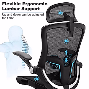 Office Chair, Ergonomic Mesh Desk Chair, High Back Home Office Desk Chairs with Adjustable Headrest & Seat Height, Flip-Up Arms, Tilt Function, and Lumbar Support, Swivel Computer Task Chair