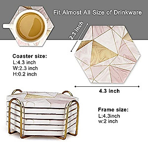 6 Pcs Pink Marble Coasters with Holder Gold Absorbent Drink Coasters Hexagon Cute Ceramic Table Coaster Set Decorative Bar Coasters Modern Coffee Cup Coasters