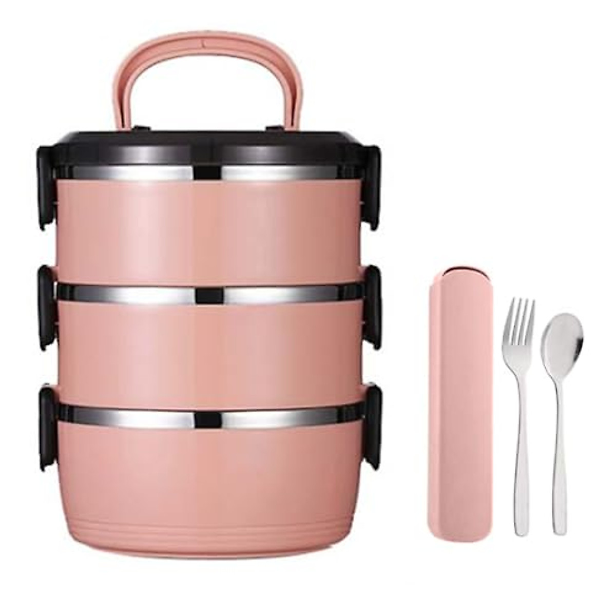 YBOBK HOME 3-Tier Cylinder Stackable Lunch Box With Bag, Keep Food Warm Thermal Lunch Container, Portable Stainless Steel Insulated Lunch Box, Pink 71oz