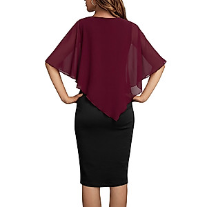 Bodhi talk Women's Solid Color Tank Dress Floral Chiffon Fake Two Pieces Dress Sleeveless Sheath Cape Dresses Dark Red X-Large