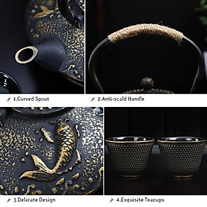 Ufine Koi Fish Cast Iron Teapot Set Stove Top Tea Kettle with 4 Cups Japanese Style Tetsubin Tea Gift Set, 26 oz with Stainless Steel Infuser