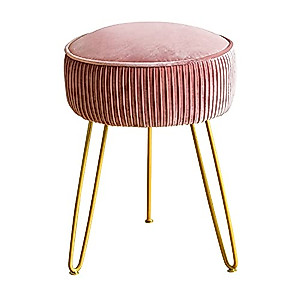 LUE BONA Mid Century Modern Velvet Upholstered Pleated Round Footrest Stool Ottoman with Metal Legs, Home Multifunctional Luxury Ottoman Suitable for Living Room and Bedroom