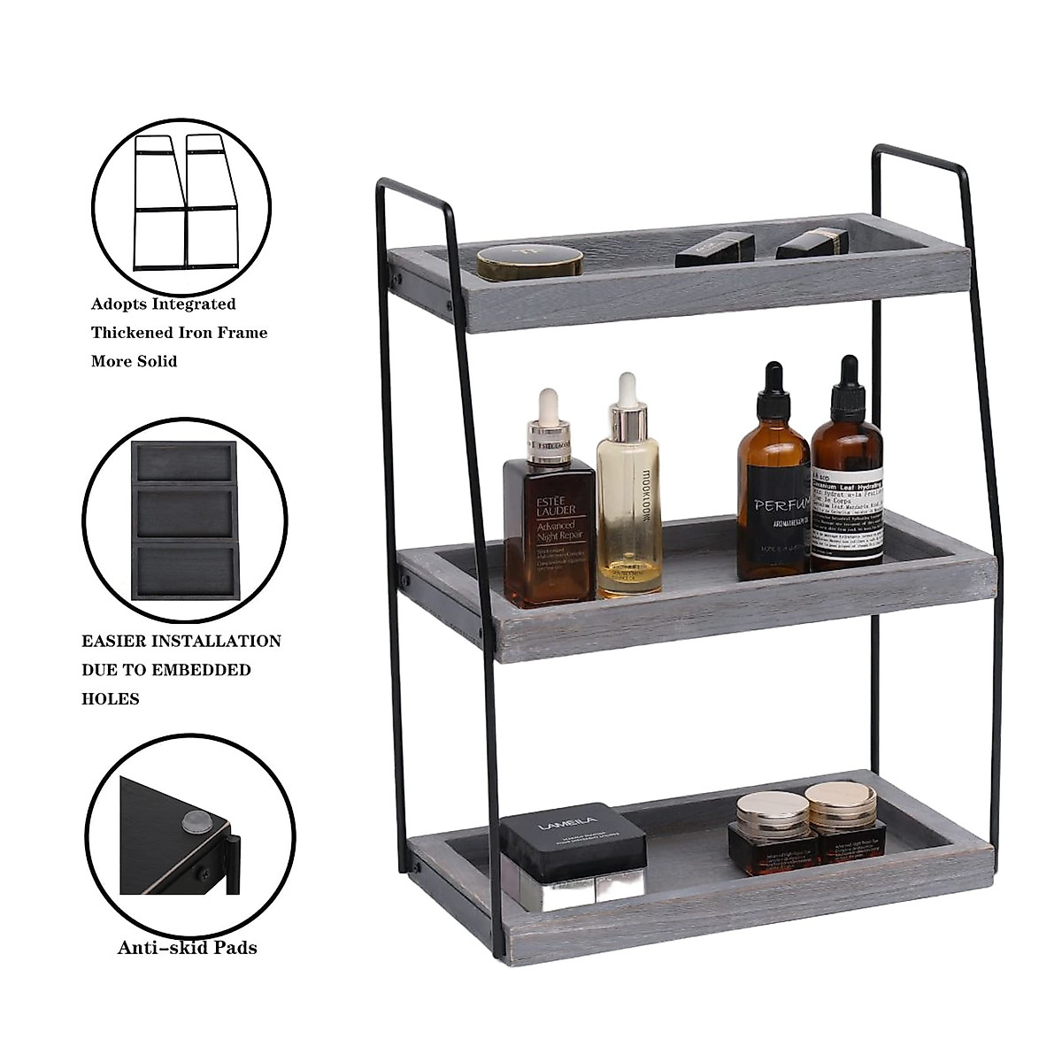 3-Tier Wood Storage Organizer for Restroom ＆ Kitchen ＆ Coffee Bar, Bathroom Sink Organizer Countertop, Bathroom Vanity Counter Top Organizers, Spice, Skincare, Perfume Rack, Detachable - Black