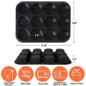 Inn Diary Silicone Muffin Pan for Baking 12 Cups Non-Stick Cupcake Pan,BPA Free Silicone Baking Mold for Muffin Cupcake Egg Bite Maker 2 Pack,Black