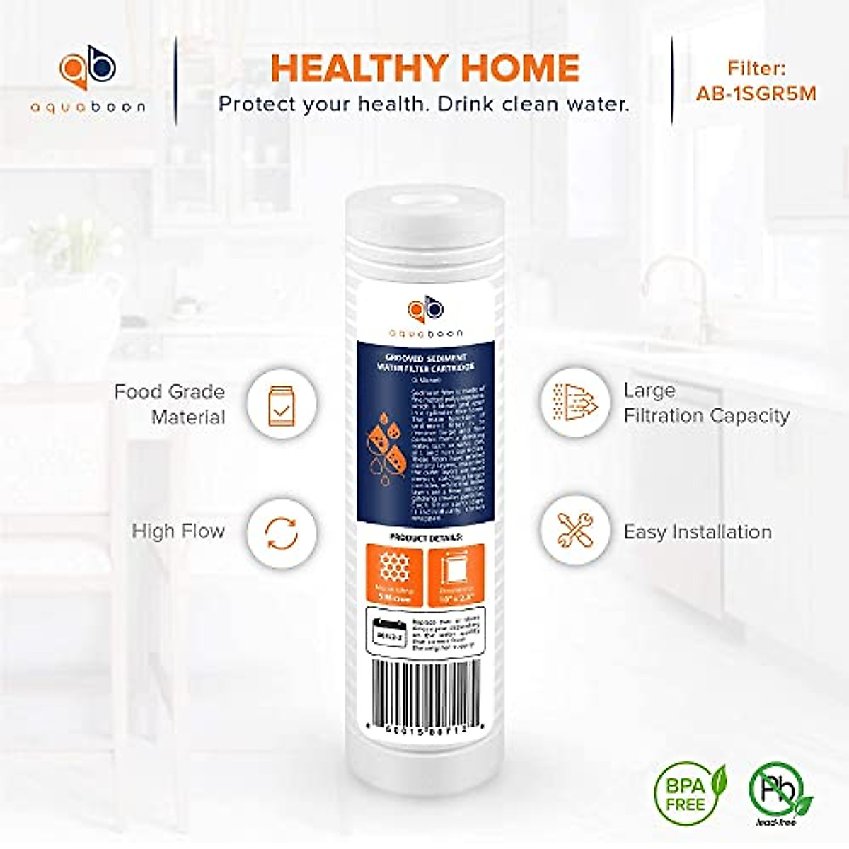 Aquaboon Whole House Water filter Cartridge Replacement - 5 Micron Water Filter 10 x 2.5 Inches - Grooved Sediment Water Filter Compatible with AP110, WHKF-GD05, RS14, CFS110, P5, WFPFC5002, 4-Pack