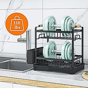 GILLAS Dish Drying Rack for Small Kitchen Counter, 2 Tier Dish Racks with Drainboard Set, Rust-Proof, Upgrade Wooden Handles, Space Saving, Black