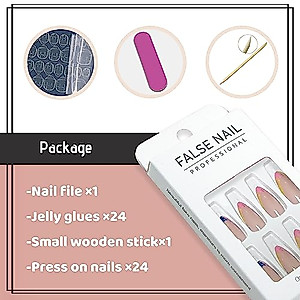YOSOMK French Tip Medium Press on Nails Almond Fake Nails with Glitter Sequins Designs Luxury Glossy Glue on Acrylic Nails Bling Colorful False Nails for Women