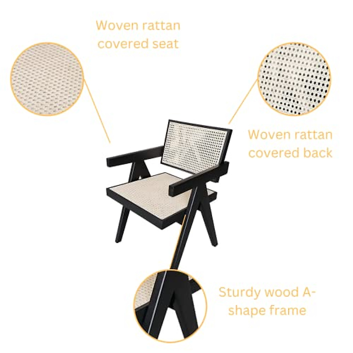 First of a Kind Rattan Cane Dining Chair - Mid-Century Modern Chairs with Mesh Back - Comfy Side Chair with Arms for Dining Room – Farmhouse Wooden Frame Accent Chair for Kitchen - Black