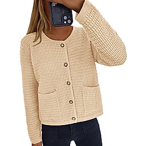 PRETTYGARDEN Women's Knit Cardigan Sweaters Fall Fashion Long Sleeve Open Front Button Down Trendy Casual Sweater Jacket (Beige, Large)
