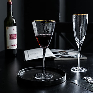 1500° C TABLETOP Wine Glasses Set of 4, 12 oz. Long Stemmed Gold Rim Hammered Glasses for White and Red Wine