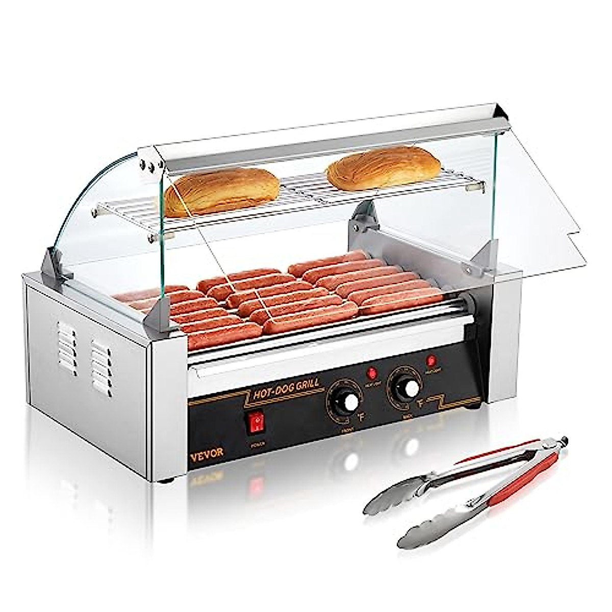 VEVOR Hot Dog Roller 7 Rollers 18 Hot Dogs Capacity 1050W Stainless Sausage Grill Cooker Machine with Dual Temp Control Glass Hood Acrylic Cover Bun Warmer Shelf Removable Oil Drip Tray, ETL Certified
