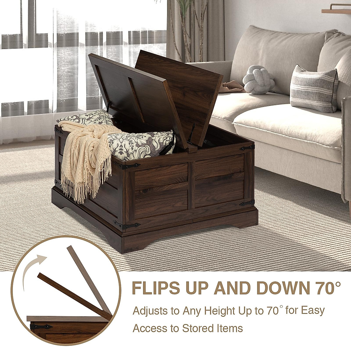 Wnutrees Farmhouse Coffee Table with Hinged Lift Top and Large Hidden Storage Compartment, Rustic Square Wood Central Table for Living Room, Bedroom, Home Office,Walnut