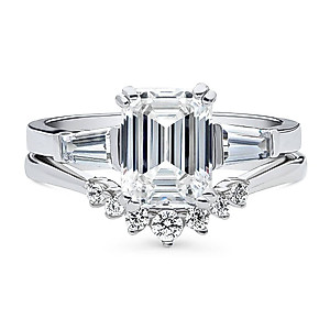 BERRICLE Sterling Silver 3-Stone Wedding Engagement Rings Emerald Cut Cubic Zirconia CZ 7-Stone Ring Set for Women, Rhodium Plated Size 10