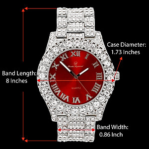 Charles Raymond Mens Silver Big Rocks with Roman Numerals Fully Iced Out Colorful Dial Watch - ST10327 RN Single (Blood Red/Silver)