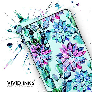 DesignSkinz Watercolor Cactus Succulent Bloom V14 Protective Vinyl Decal Wrap Skin Cover Compatible with The Samsung Galaxy S20 (Screen Trim & Back Glass Skin)