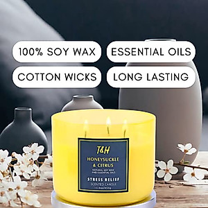 Large 3 Wick Scented Candle - Honeysuckle Citrus Stress Relief Aromatherapy Candle with Grapefruit, Mint & Rose - 15.8 oz Natural Soy Candles for Men and Women - Scented Spring Candles for Home