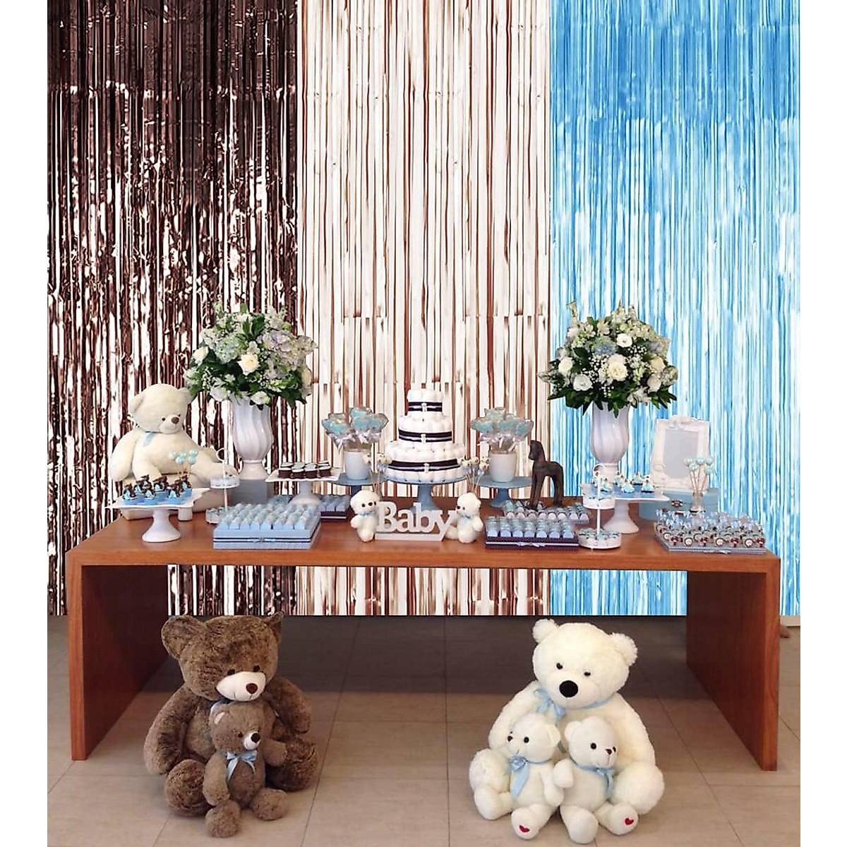 Teddy Bear Theme Baby Shower Decorations Teddy Bear Theme Birthday Party Decorations Teddy Bear Party Backdrop Blue Tan Brown Foil Curtains
