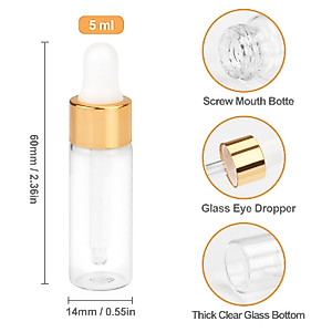Empty Transparent Glass Bottles Containers Vials Holder,5ml Essential Oil Glass Dropper Bottle Makeup Sample Storage Containers With Gold Head Glass Dropper &White Dropper Cap&2pcs Straws,50pcs