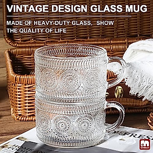 GMISUN Vintage Coffee Mugs, 14oz Glass Coffee Mug Set with Bamboo Lids, Large Clear Coffee Mug with Spoons, Big Coffee Cup Set with Handle, Clear Coffee Cups for Coffee, Iced Coffee (2 Pack)