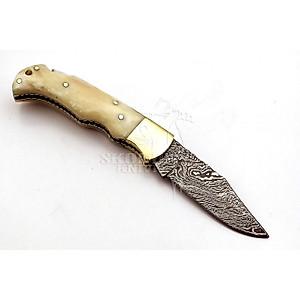 Skokie Knives Custom Hand Made Damascus Steel Hunting Folding Knife Handle Camel Bone