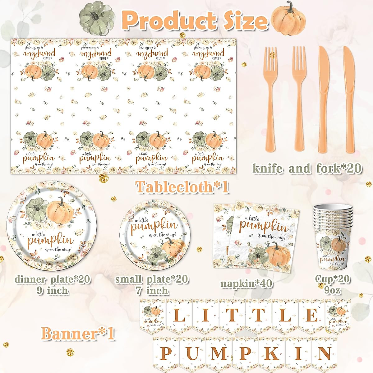 Little Pumpkin Baby Shower Tableware Party Decorations A Little Pumpkin is on The Way Fall Farm Pumpkin Floral Thanksgiving Party Supplies Disposable Tablecloth,Plates,Napkins,Cups