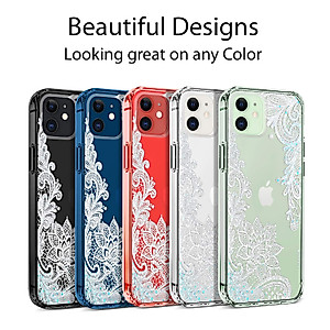 Coolwee Clear Glitter Compatible with iPhone 12 Case Thin Flower Slim Cute Crystal Lace Bling Women Girl Floral Hard Back Soft TPU Bumper Protective Cover for iPhone 12 Pro Mandala Henna Sparkle