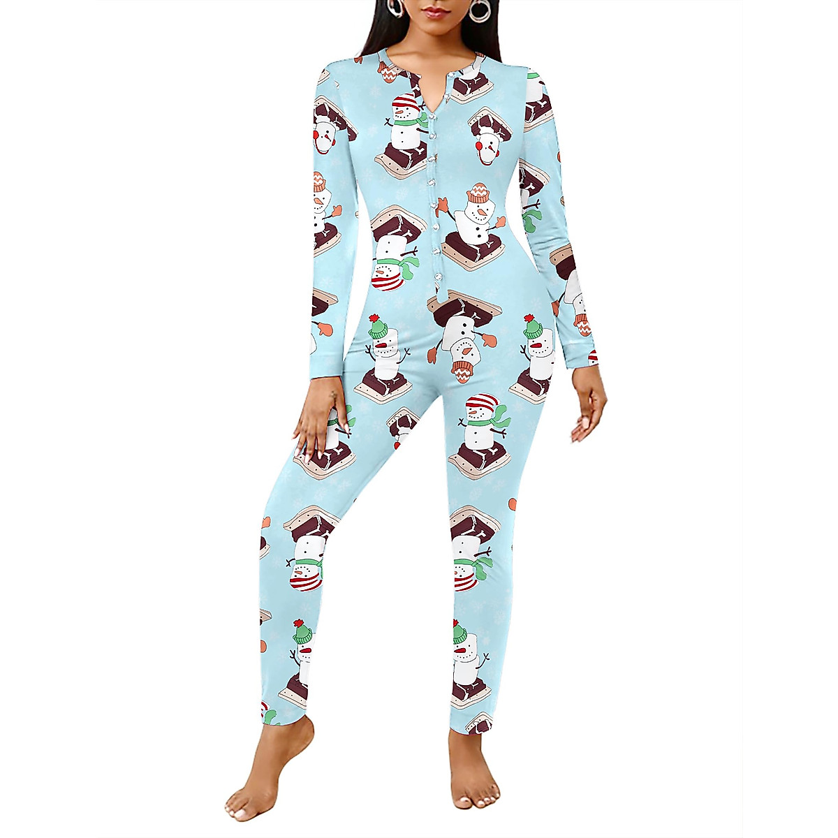 Ekouaer Womens Christmas Oneses Adult Button One Piece Pajama Romper Long Sleeve Jumpsuit Sleepwear for Women Soft Thermal