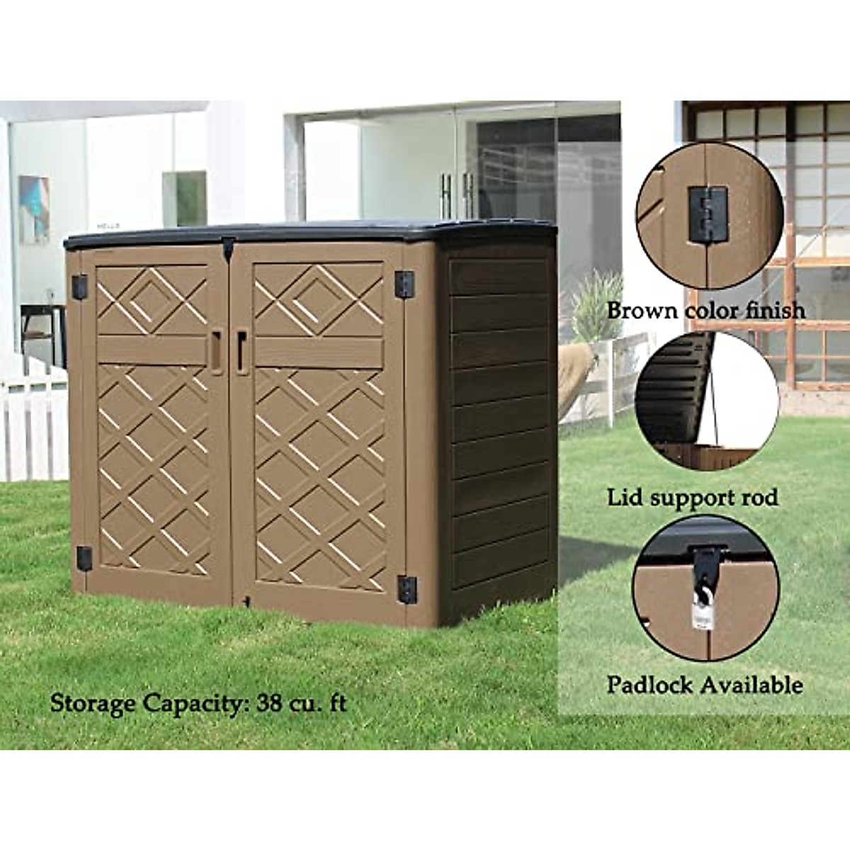 Mrosaa Large Horizontal Storage Sheds,38 cu.ft Resin Garden Shed Weather Resistance,Outdoor Storage Box Lockable for Patio,Backyard,Garden,Home(Brown)