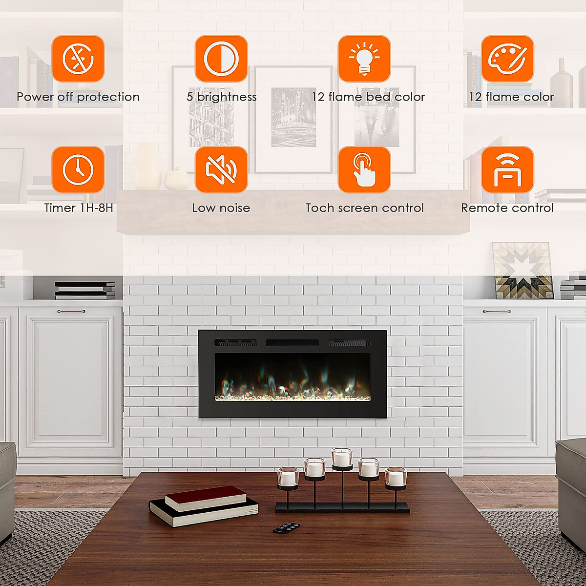 PAOLFOX 36 inch Electric Fireplace Insert,Wall Mounted,Wall Fireplace Electric with Remote Control,Linear Fireplace,Led Fireplace Recessed,12 Flame Colors